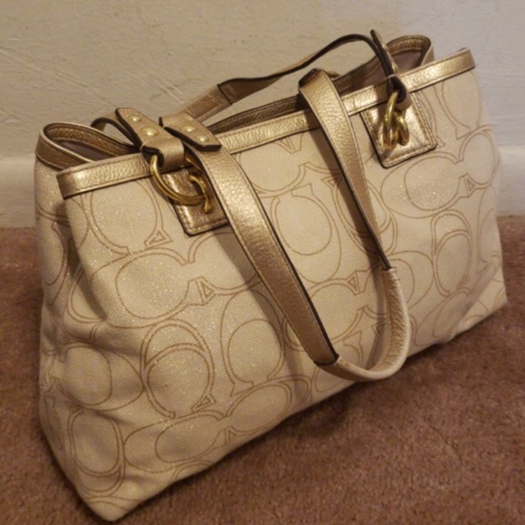 Coach | Bags | Coach F9231 Gold Linen Shoulder Bag | Poshmark